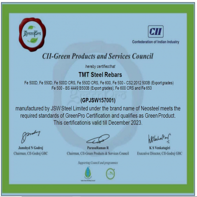 JSW Neosteel (TMT Rebars) receive GreenPro Certification
